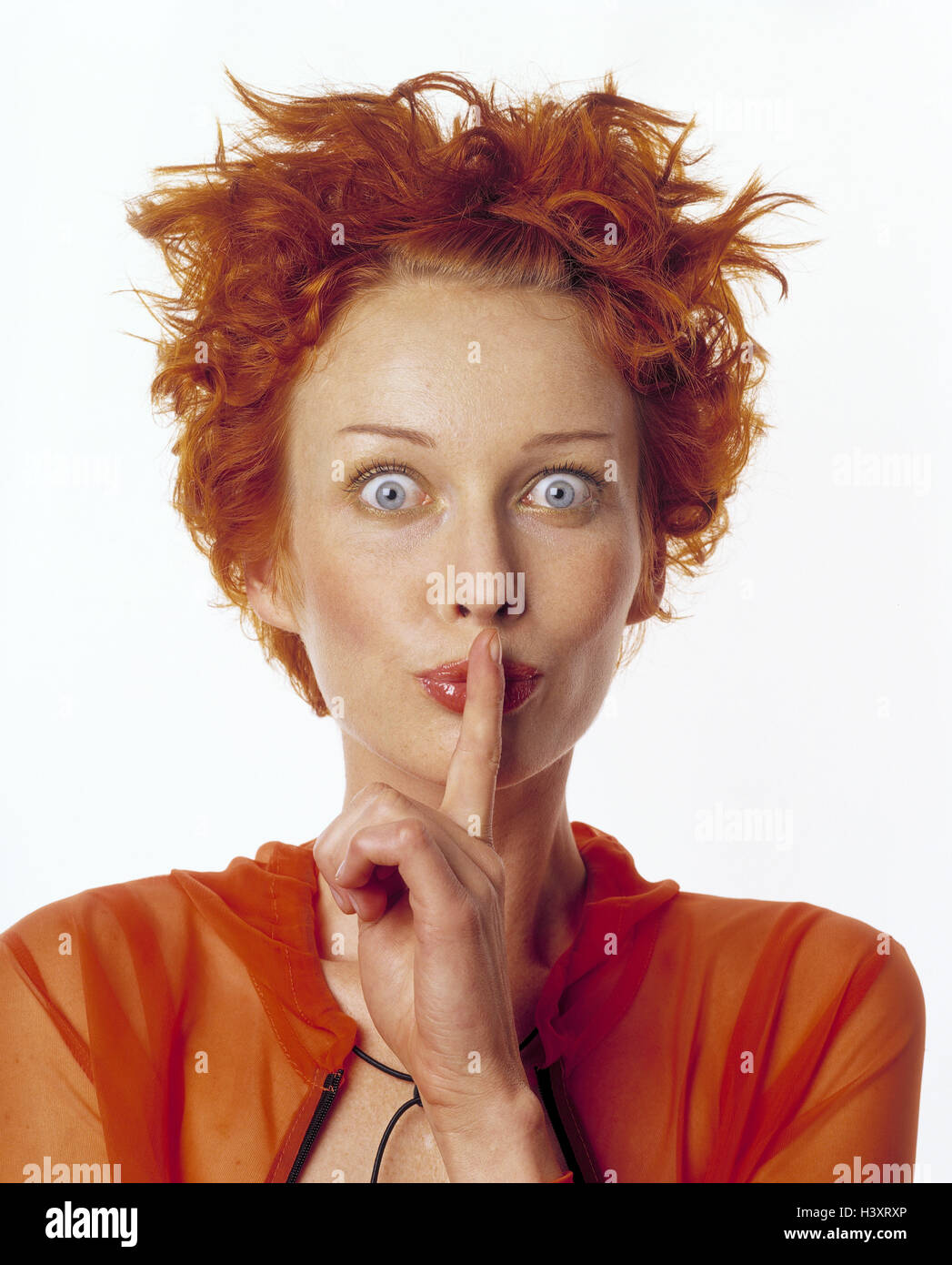 Woman, young, hairs, red, eyes, blue, gesture, silence, quiet, portrait ...