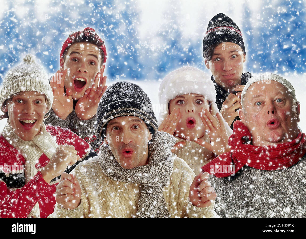 Composing, people, facial play, astonished, group picture, snowfall ...