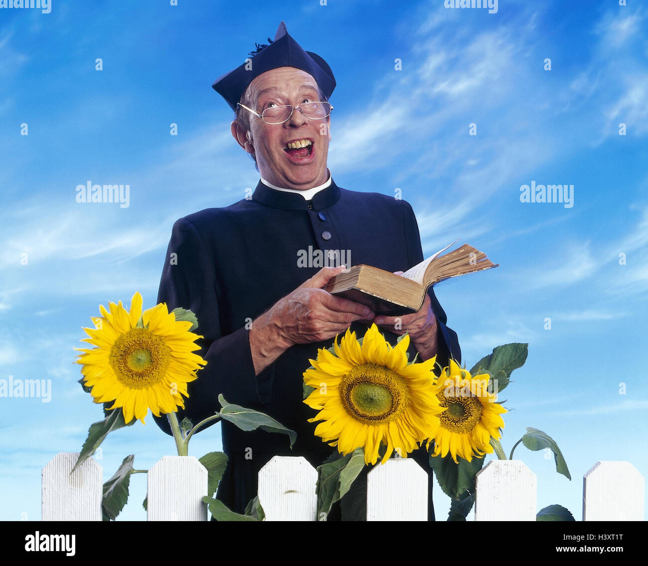 Garden fence, sunflowers, priests, Bible, sermon, half portrait, senior ...