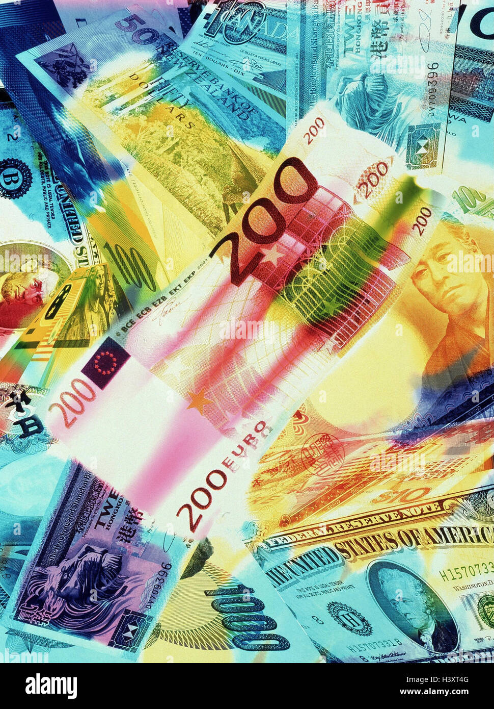 Composing, bank notes, internationally, manipulated, brightly, made ...