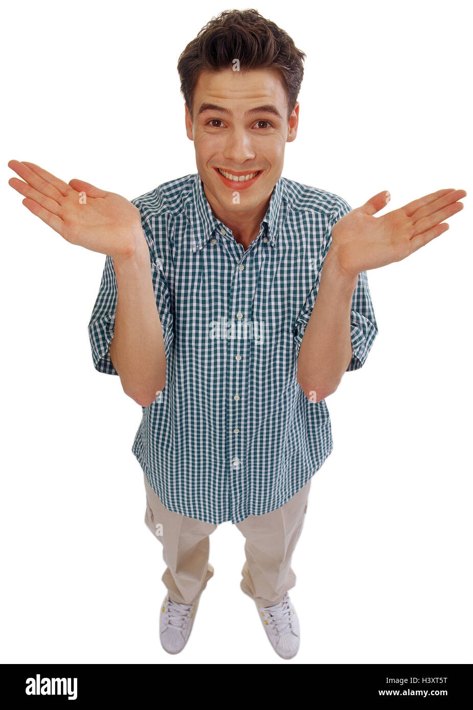 Man, young, smile, gesture, hands, side view, palms Teens, young person ...