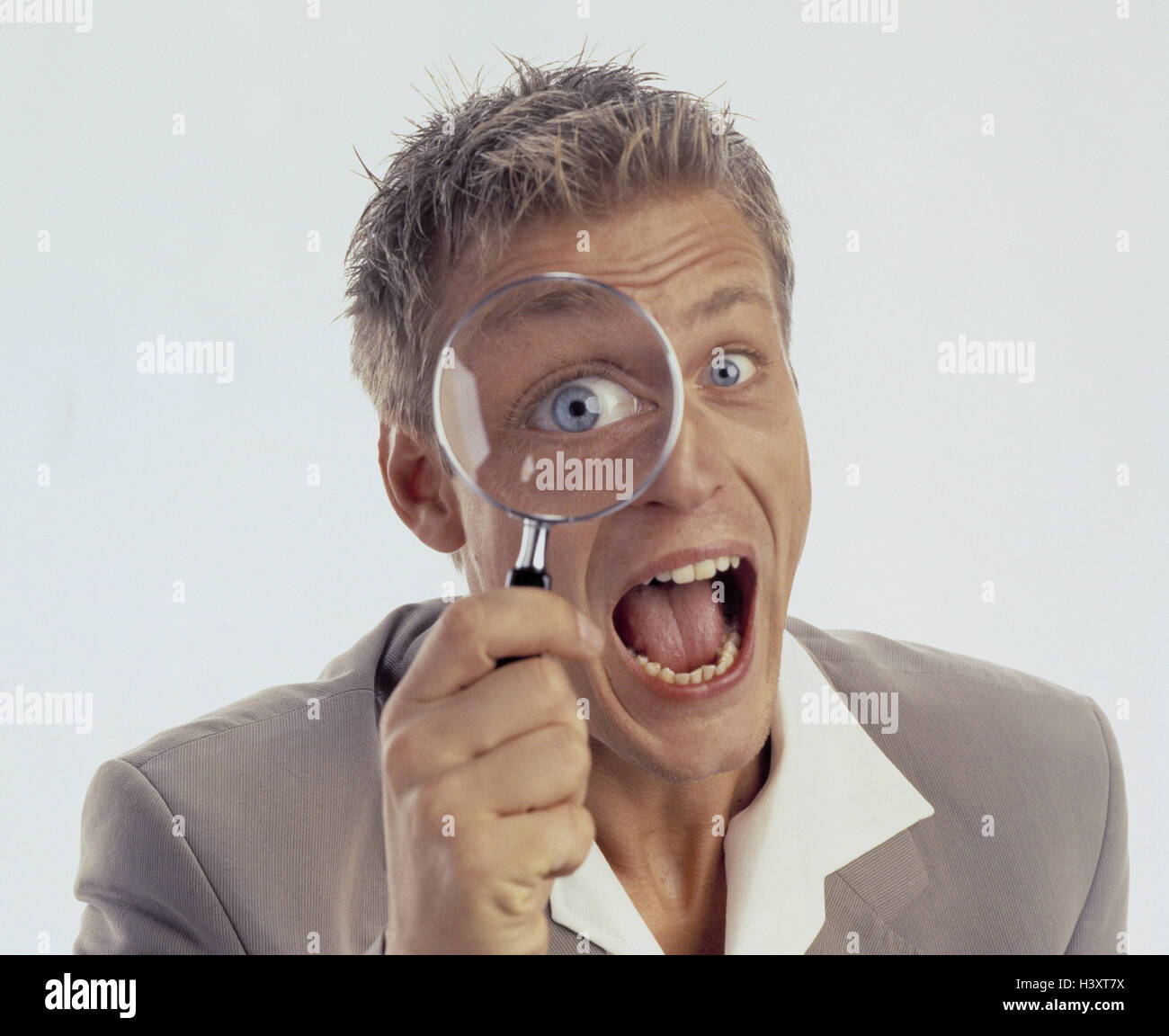 Man, young, loupe, facial play, portrait, Men, studio, cut out, suit ...