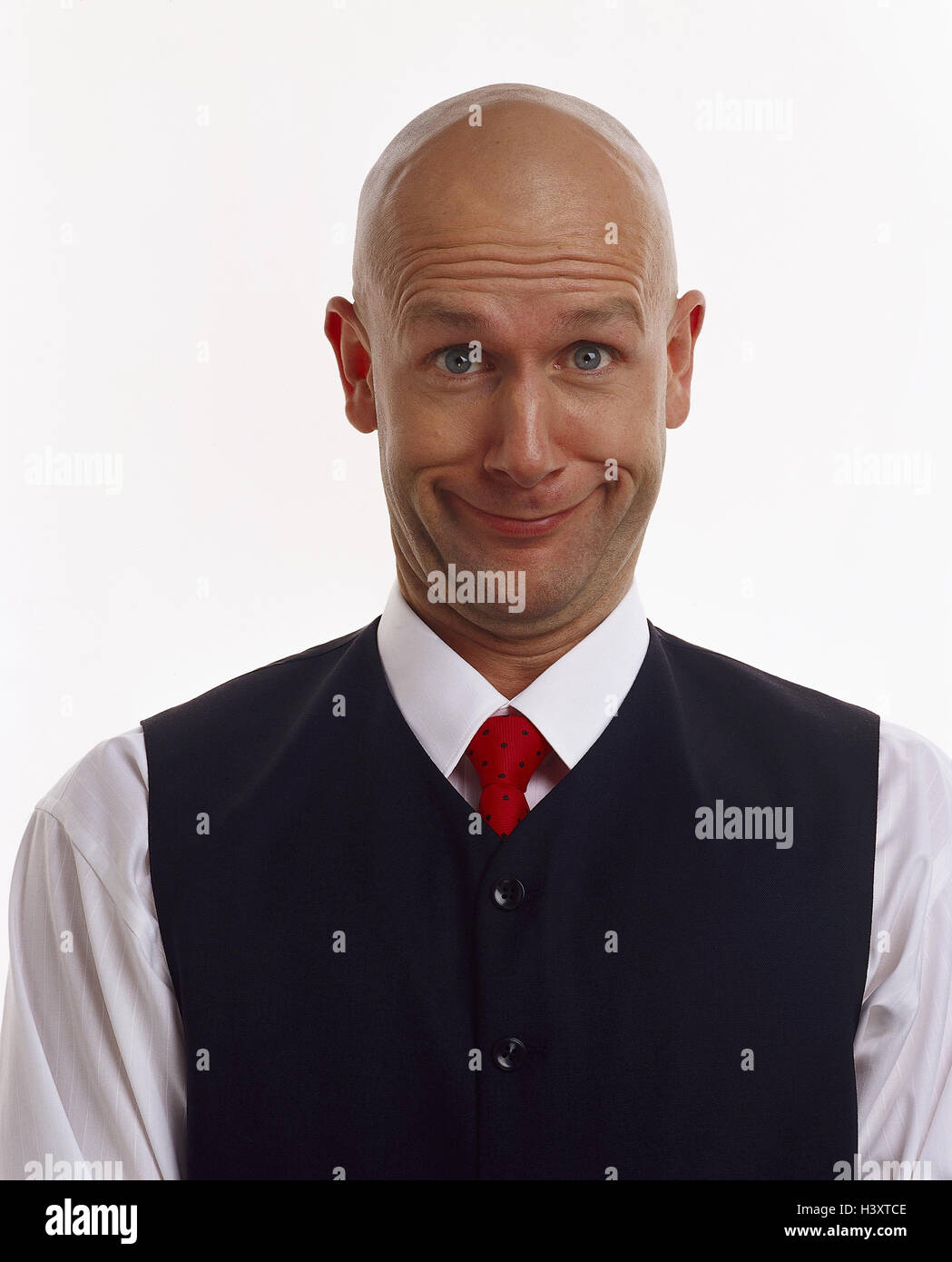 Man, bald head, shirt, waistcoat, tie, facial play, grin, portrait, Men ...