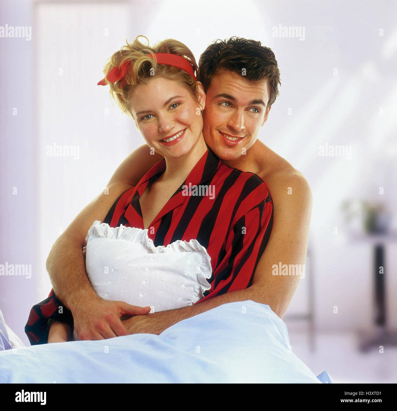 Bed, couple, young, sit, embrace, woman, pyjamas, embrace, half ...