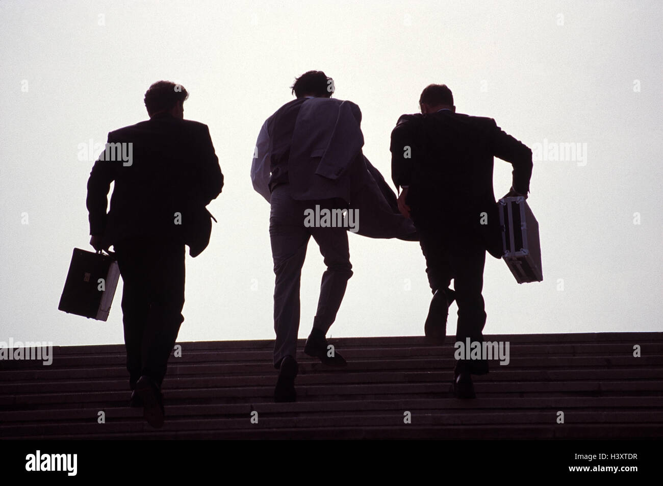 Manager, three, stairs, up, run, run back view, outside, business ...