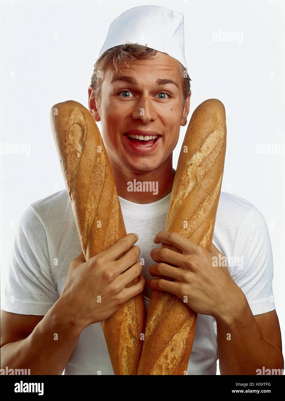 Baker, young, baguettes, happy, half portrait, professions, studio, cut ...