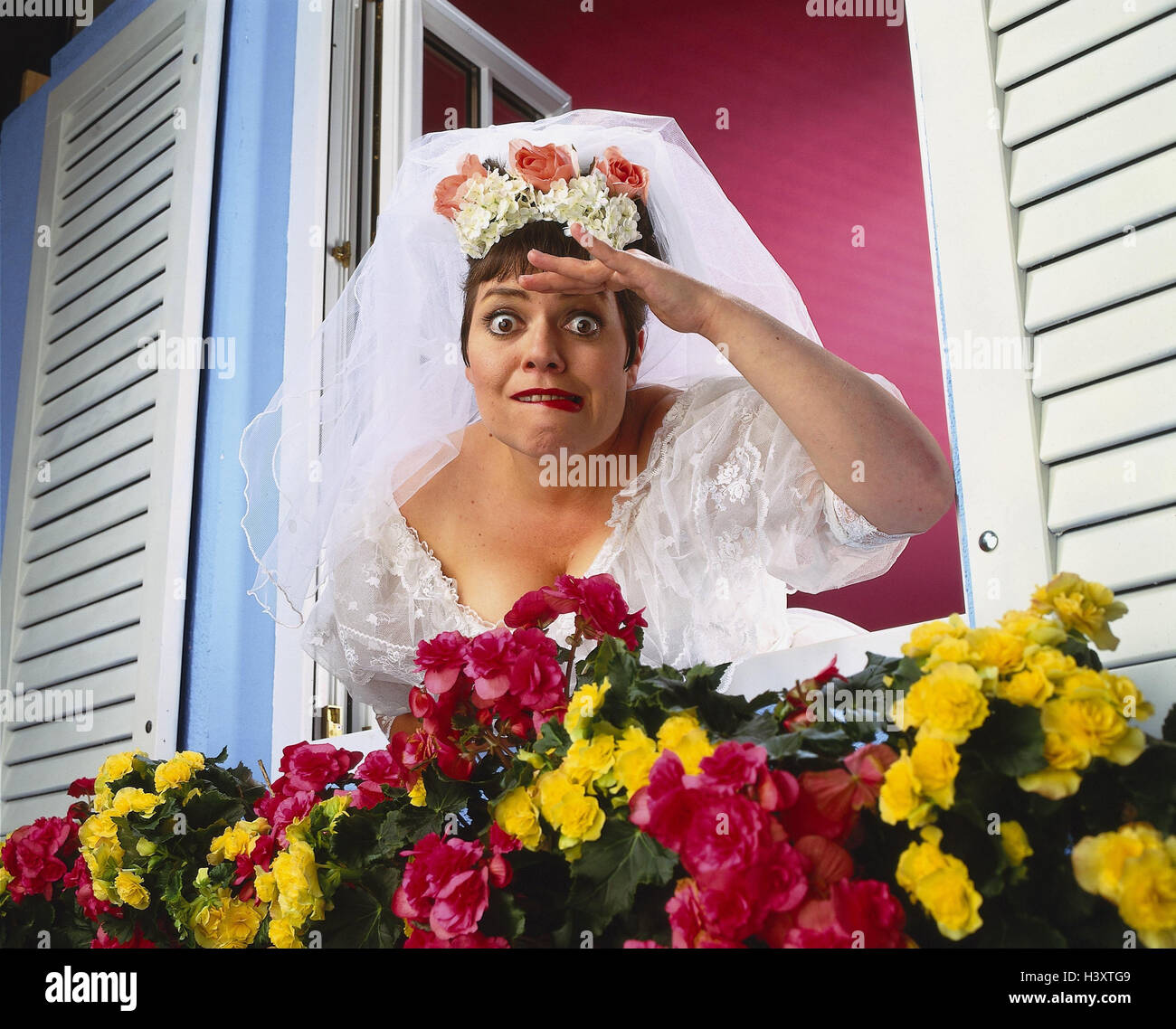 Window, floral decoration, bride, gesture, view, distance, look out ...