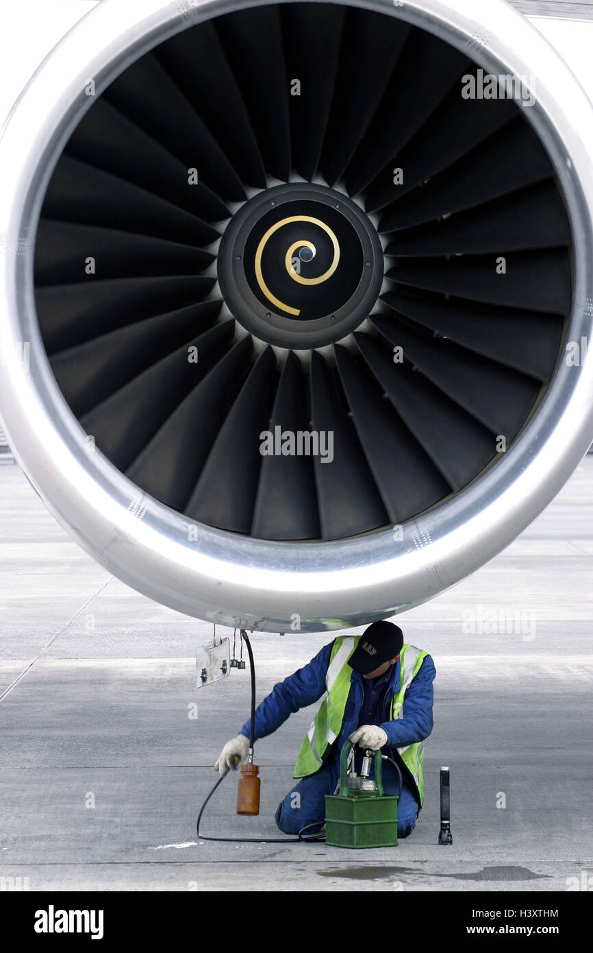 Airplane, detail, engine, worker, maintenance, no model release hangar ...