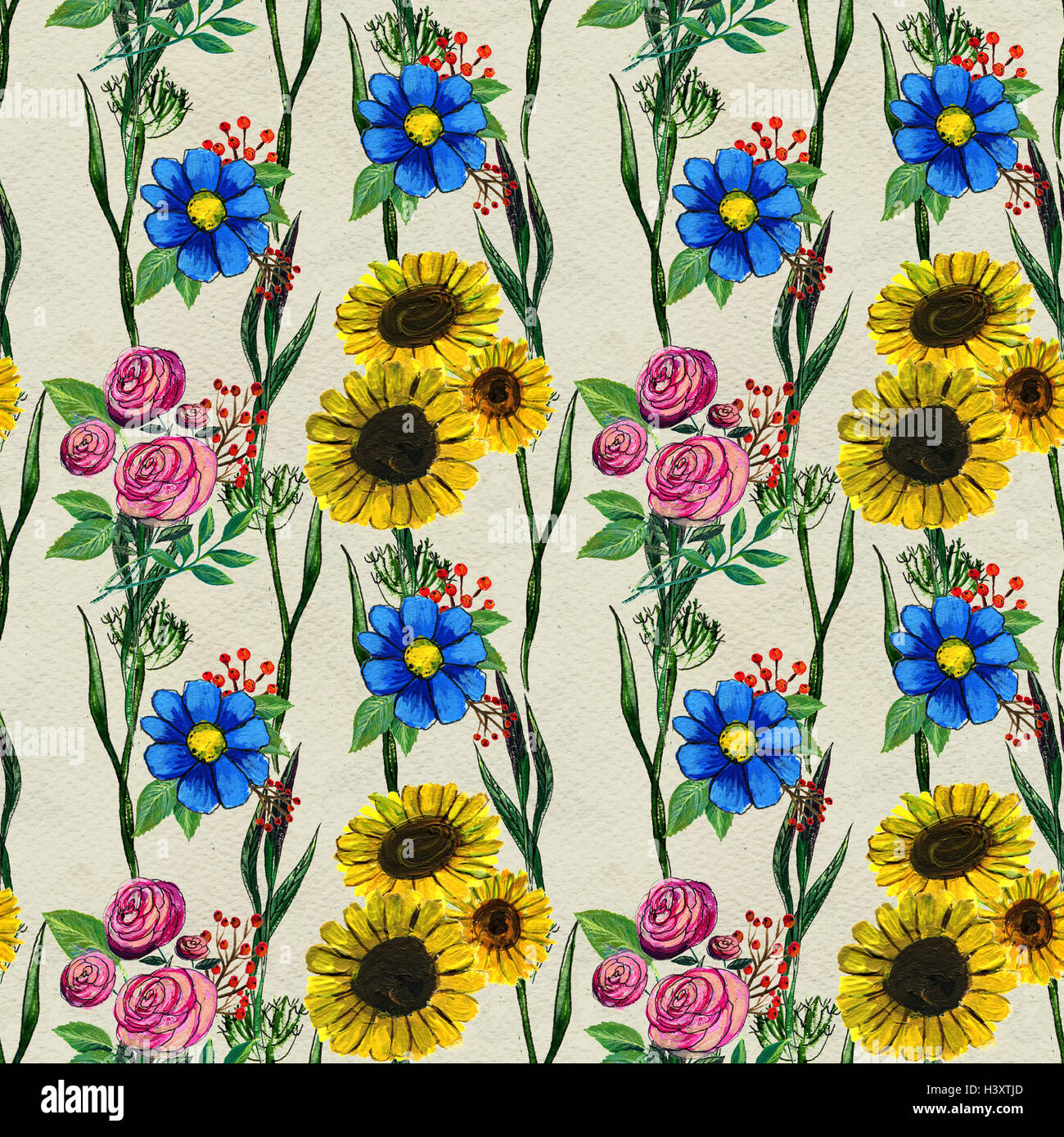 Seamless pattern with blue yellow and pink flowers Stock Photo - Alamy