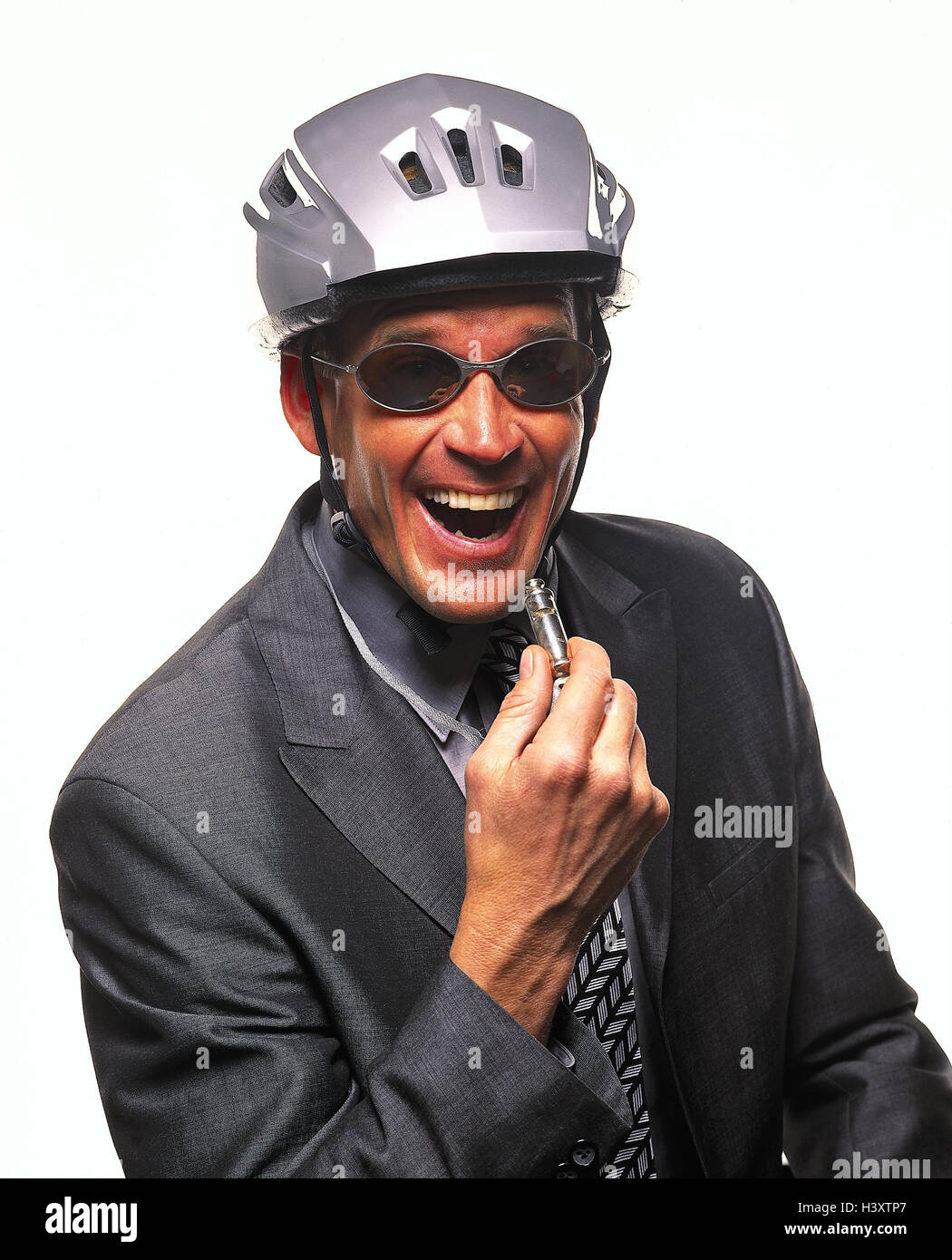 Man, sunglasses, suit, bicycle helmet, signalling whistle, laugh ...