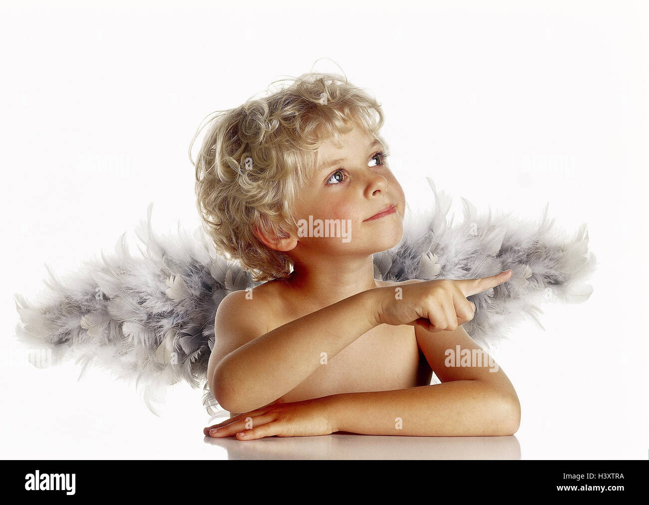Boy, angel, smile, show gesture, interpret Christmas, child, curls ...