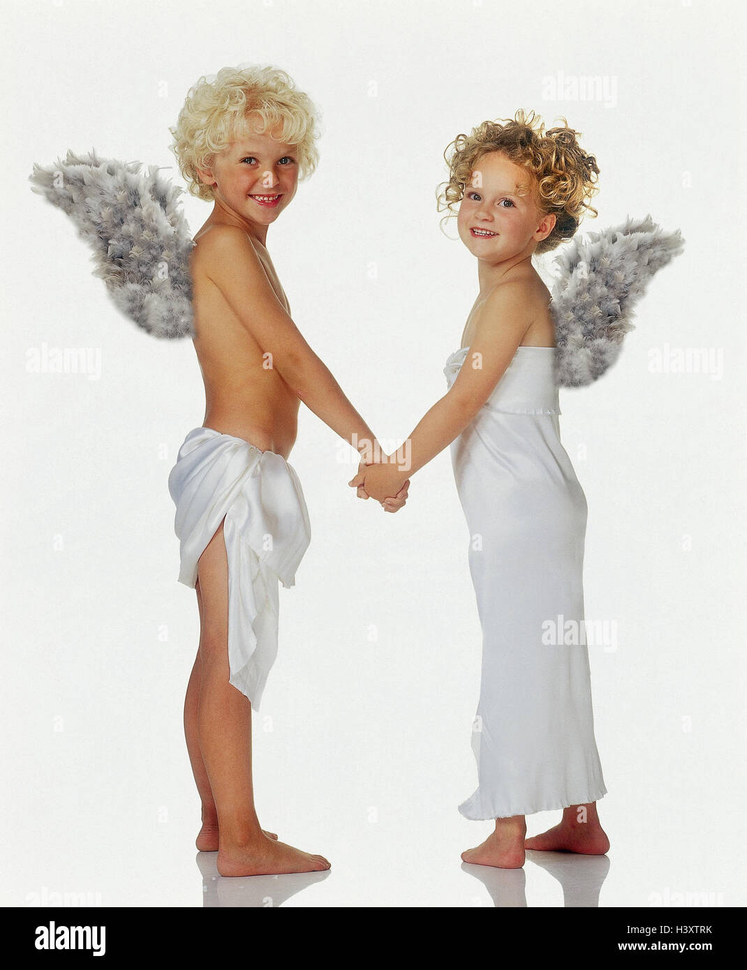 Boy, girl, angel, hand in hand, happy, x-mas, Christmas, children, two ...