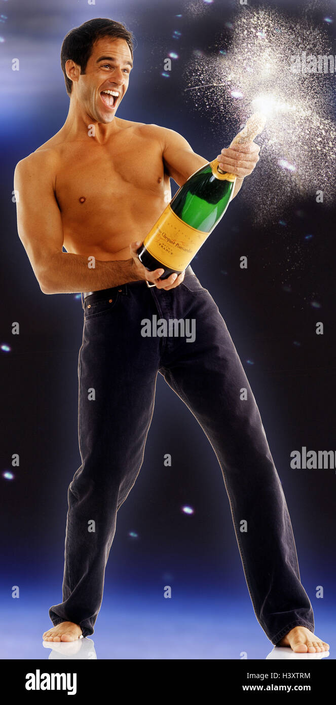 Man, jeans, upper part of the body, freely, champagne Bottle, open ...