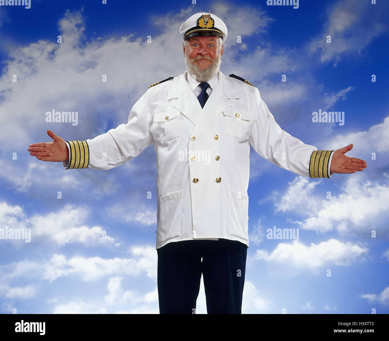Composing, captain, friendly, gesture, present, cloudy sky, professions ...