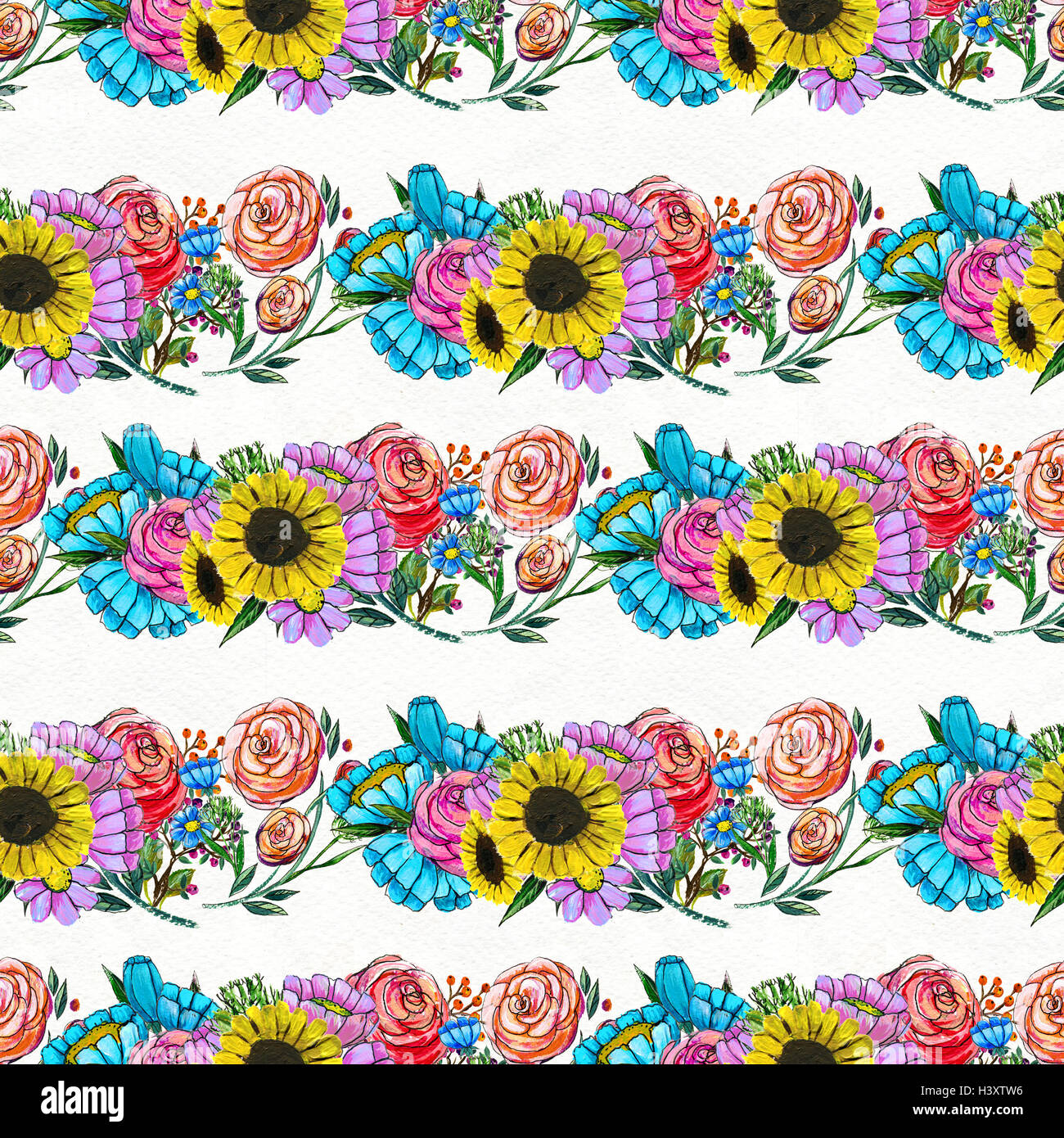 Seamless pattern with blue yellow and pink flowers Stock Photo - Alamy