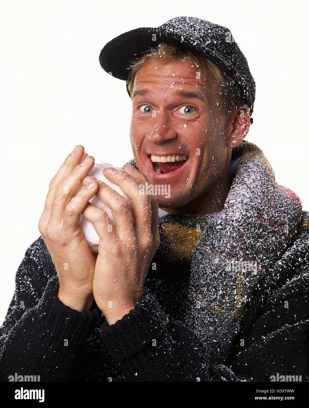 Man, winter, cap, scarf, snowball, hold, Men, snow, snowflakes, cold ...