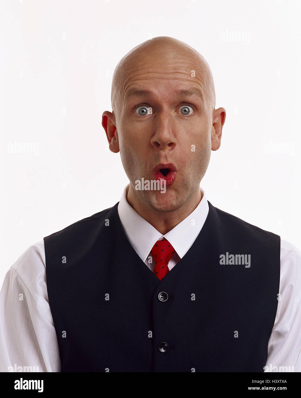Man, bald head, shirt, waistcoat, tie, facial play, is surprised ...