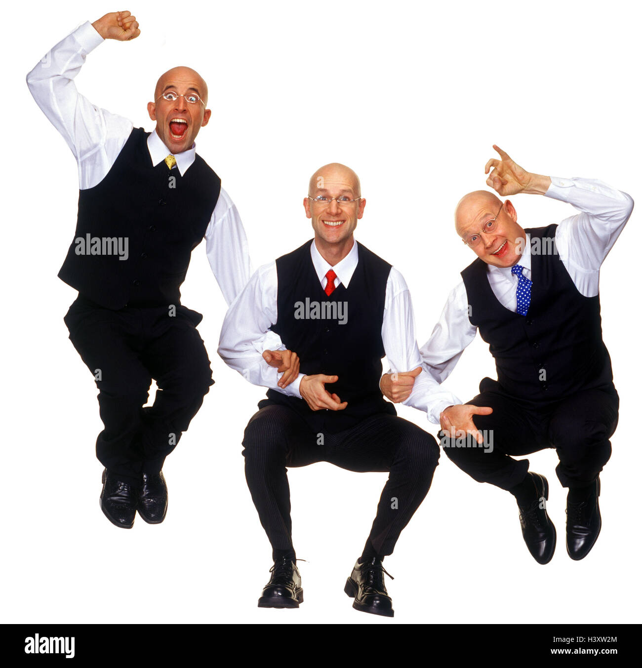 Men, three, bald head, gesture, joy, cheering, caper Men, studio ...