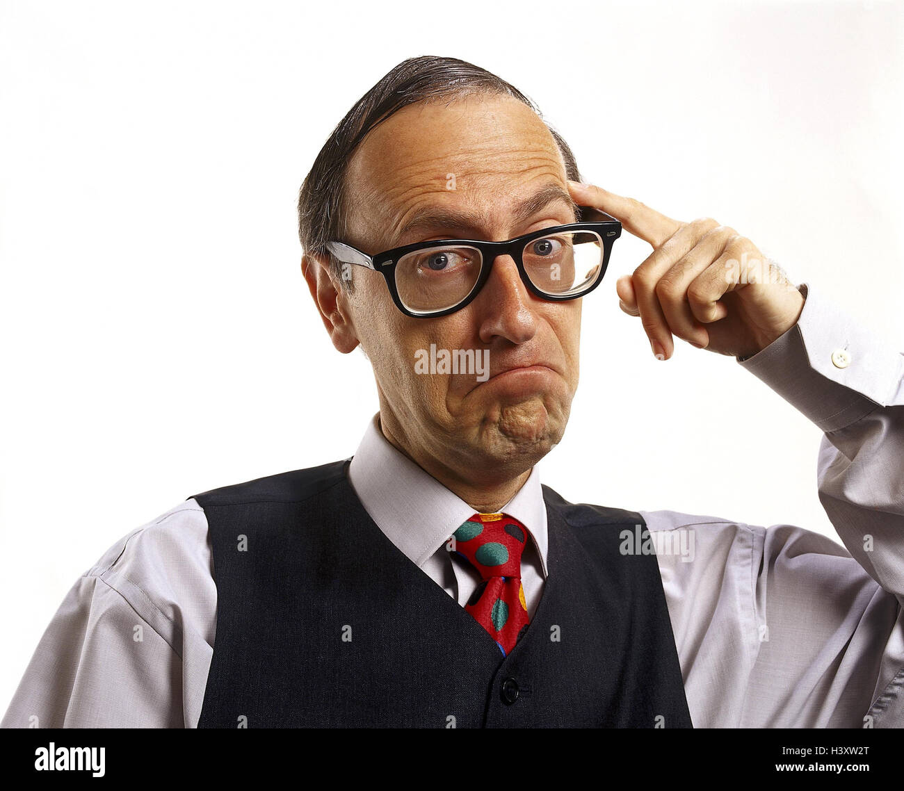 Man, middle old person, glasses, shirt, waistcoat, tie, gesture ...