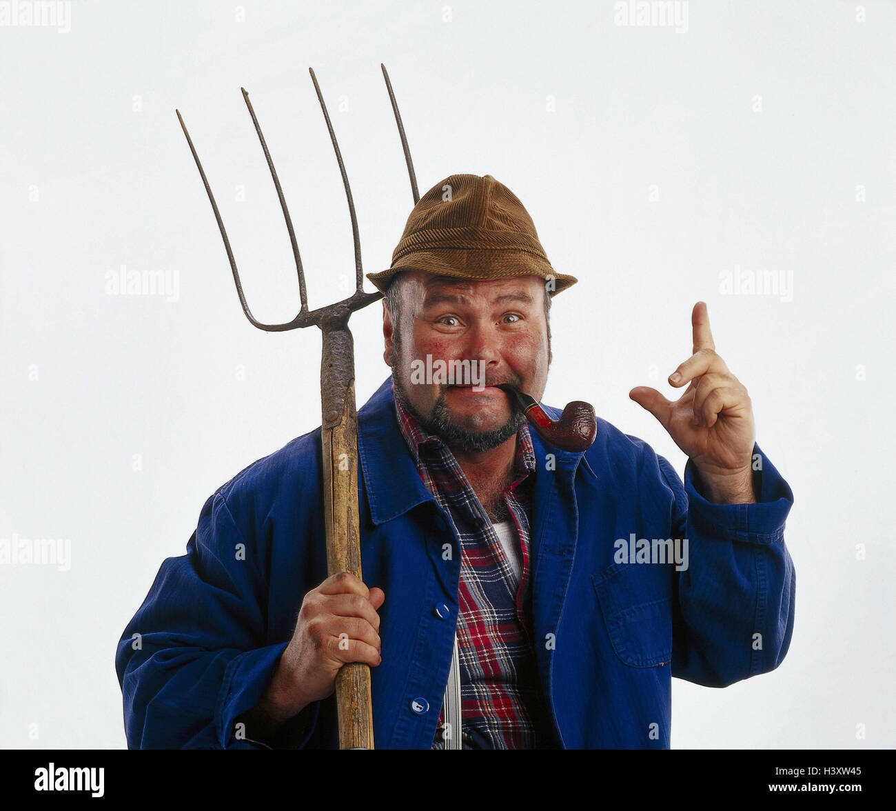 Farmer, care, whistle, smoke, gesture, attention, hayfork, half ...