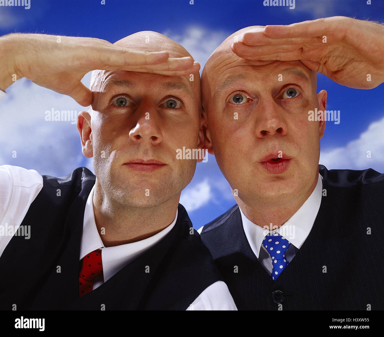 Men, two, bald head, shirt, waistcoat, tie, gesture, view, distance ...