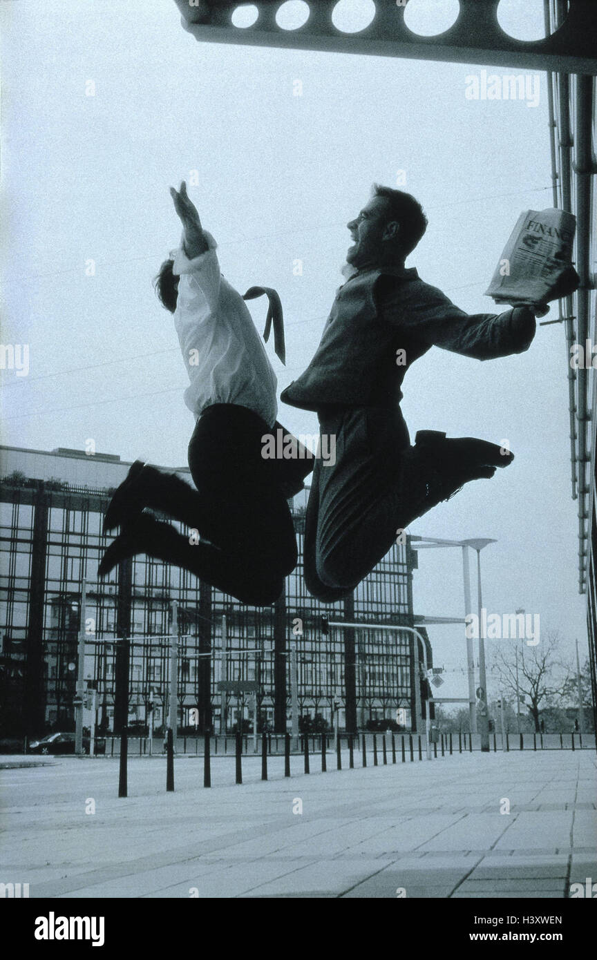 Town, manager, two, caper, gesture, joy, cheering, b/w, outside, men ...