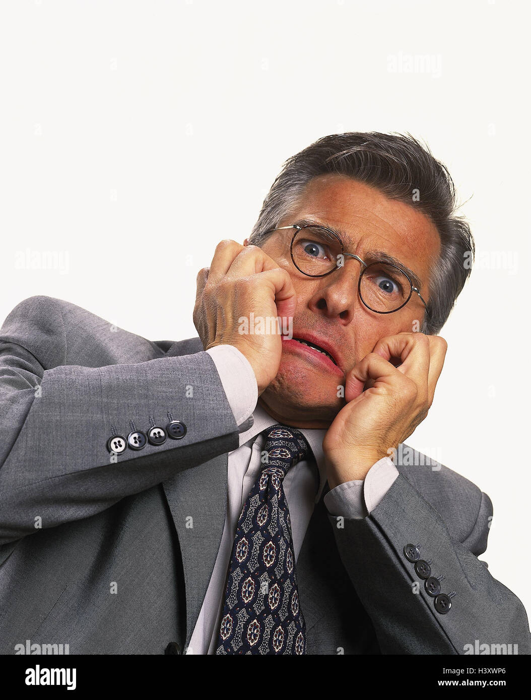 Man, middle old person, glasses, suit, gesture, fright, fear, portrait ...