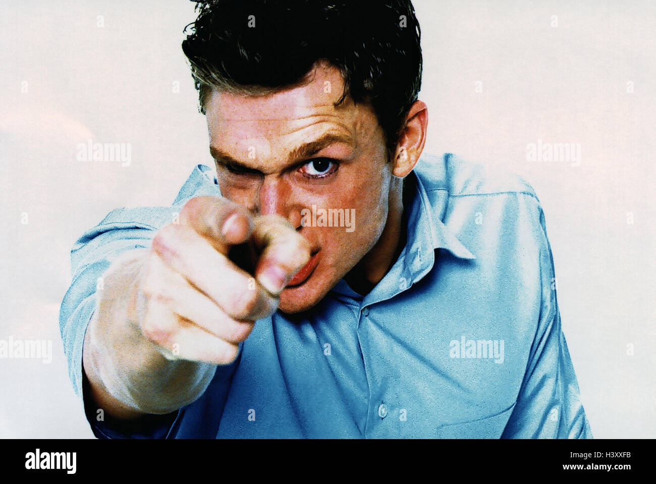 Man, gesture, pointing, portrait, studio, cut out, rage, furiously ...