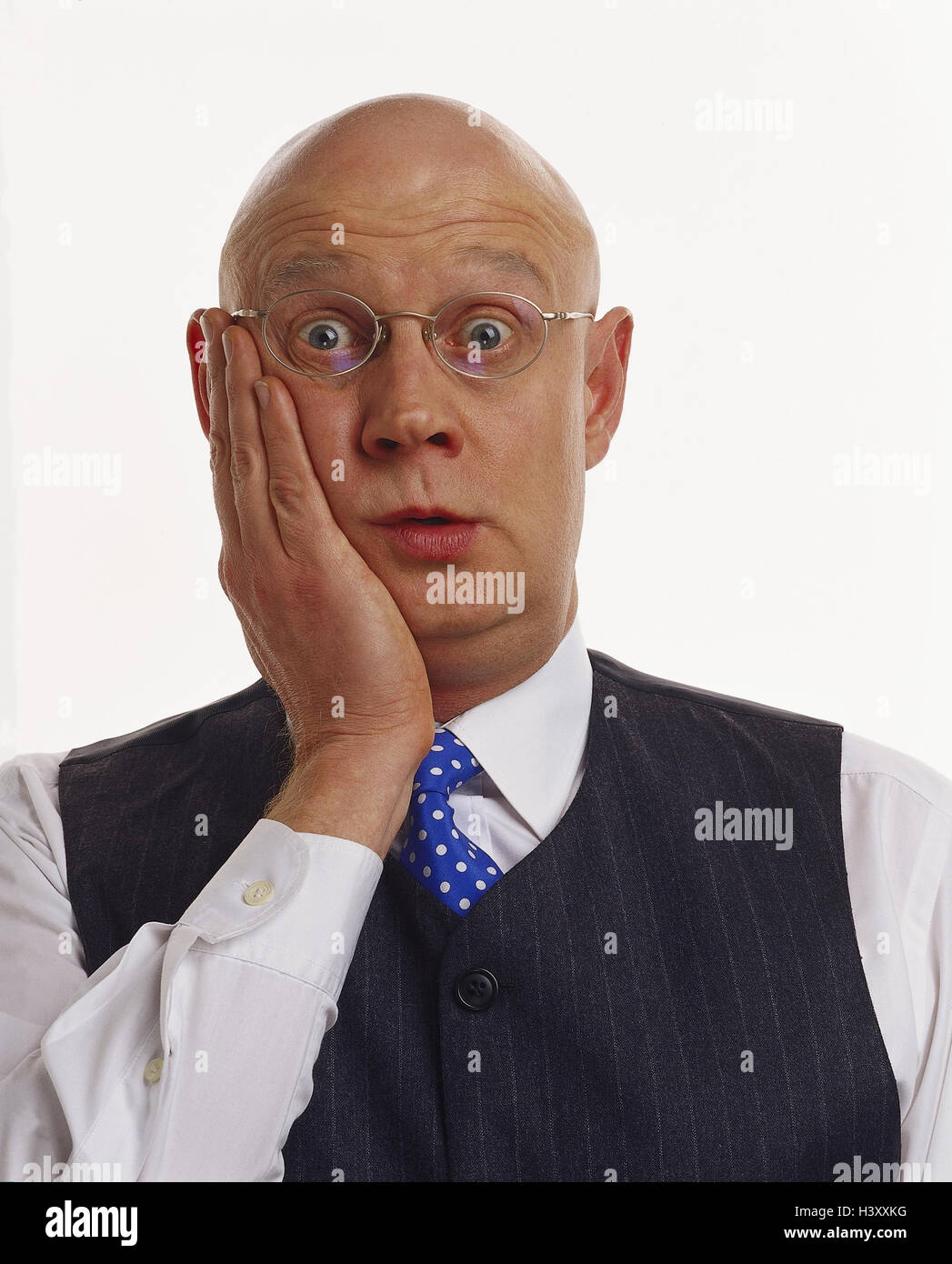 Man Bald Head Glasses Shirt Waistcoat Tie Gesture Startled Horrifies Portrait Men