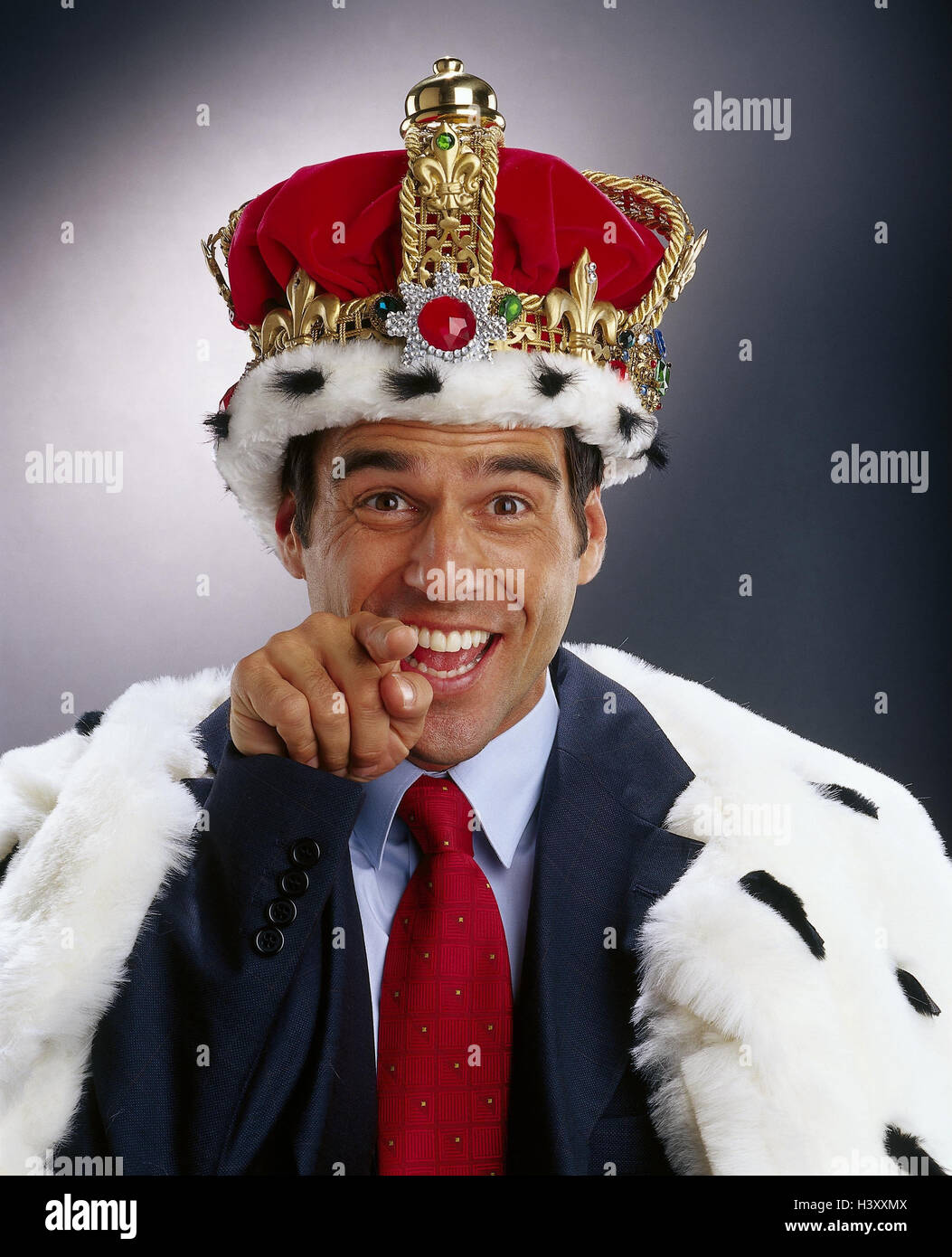 King, young, ermine's casing, crown, gesture, mockery, half portrait ...