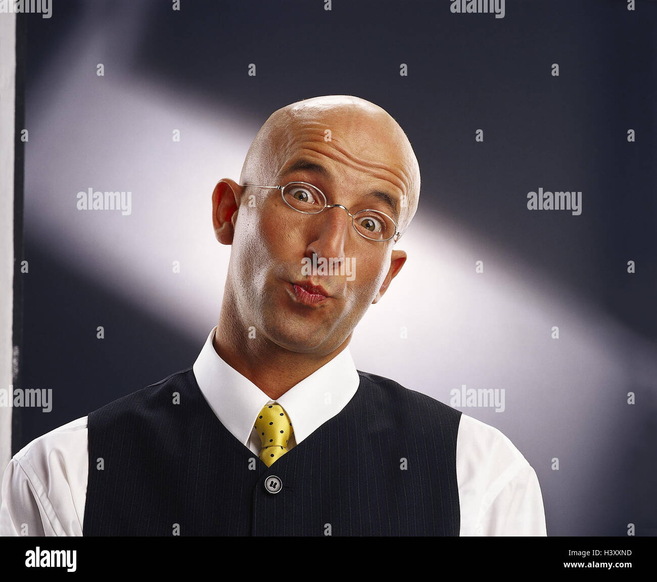 Man, glasses, shirt, waistcoat, tie, bald head, facial play, portrait ...