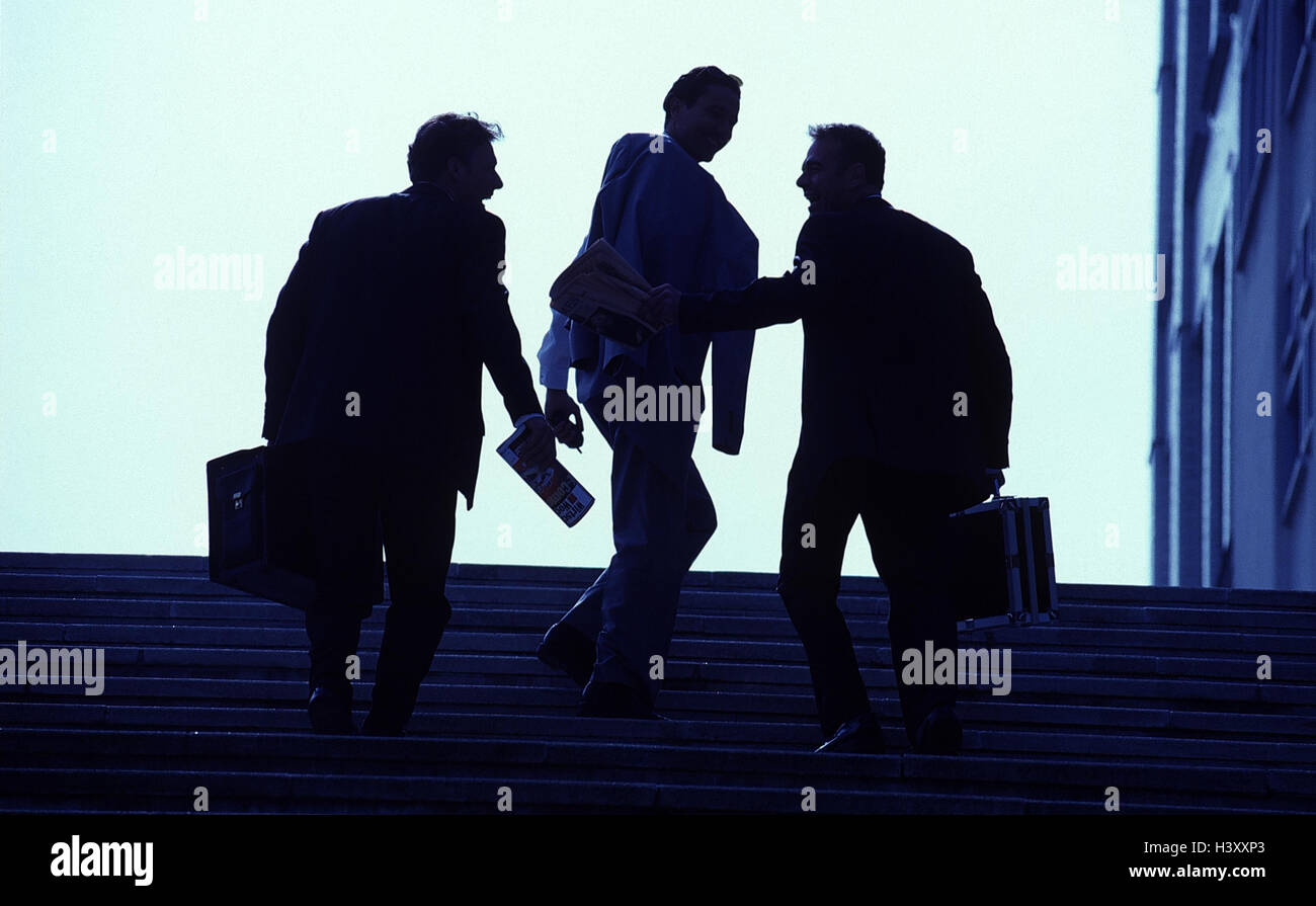 Manager, three, happy, stairs, go, conversation, back view, outside ...