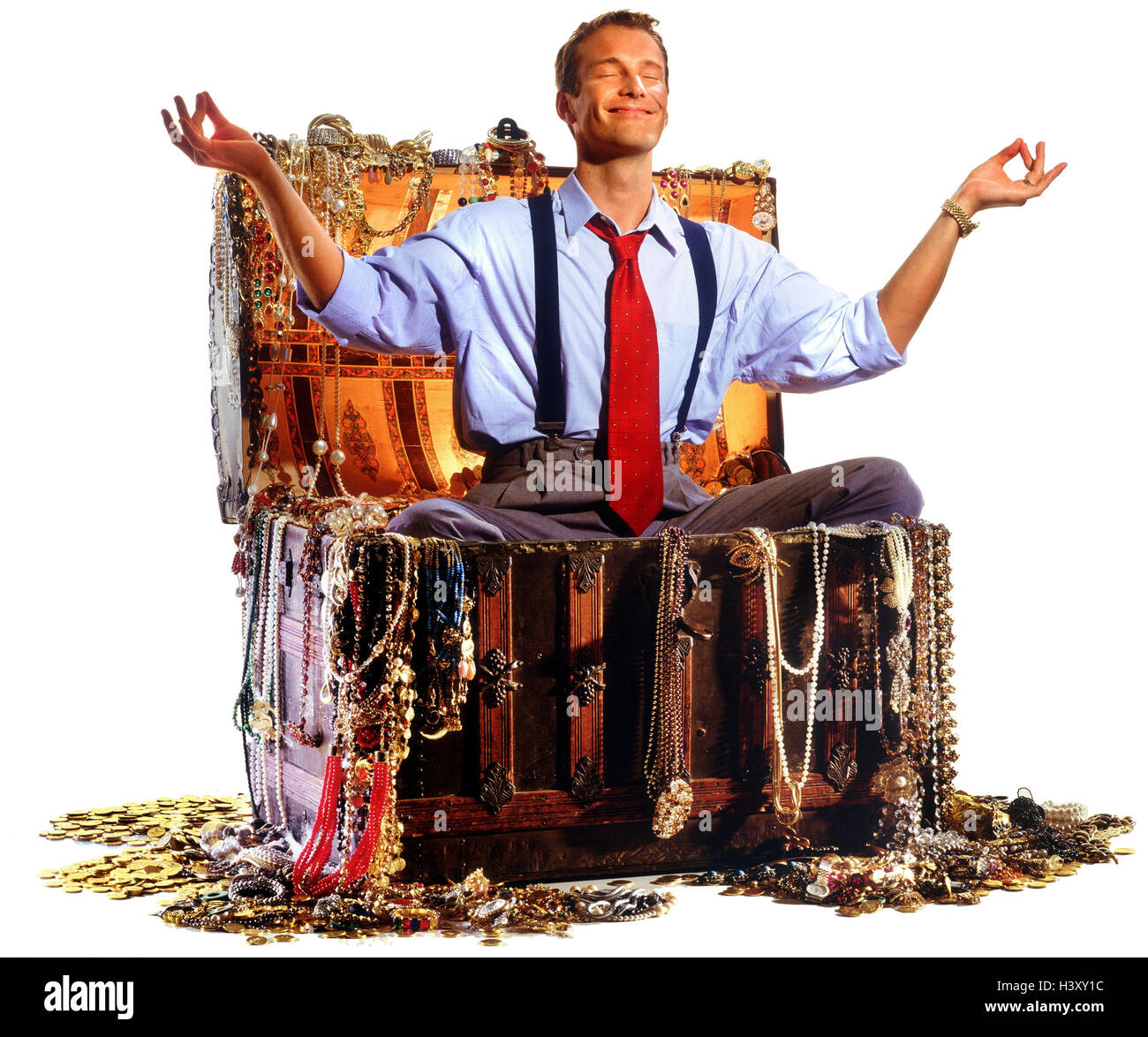 Man, treasure chest, sit, gesture, meditation, satisfaction concepts ...