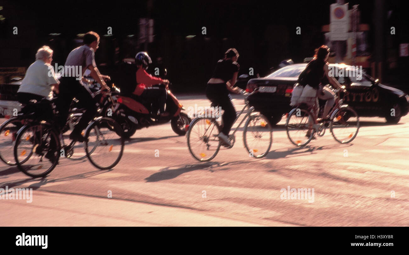 Town traffic, driver, cyclist, motor scooter, town, traffic, street ...
