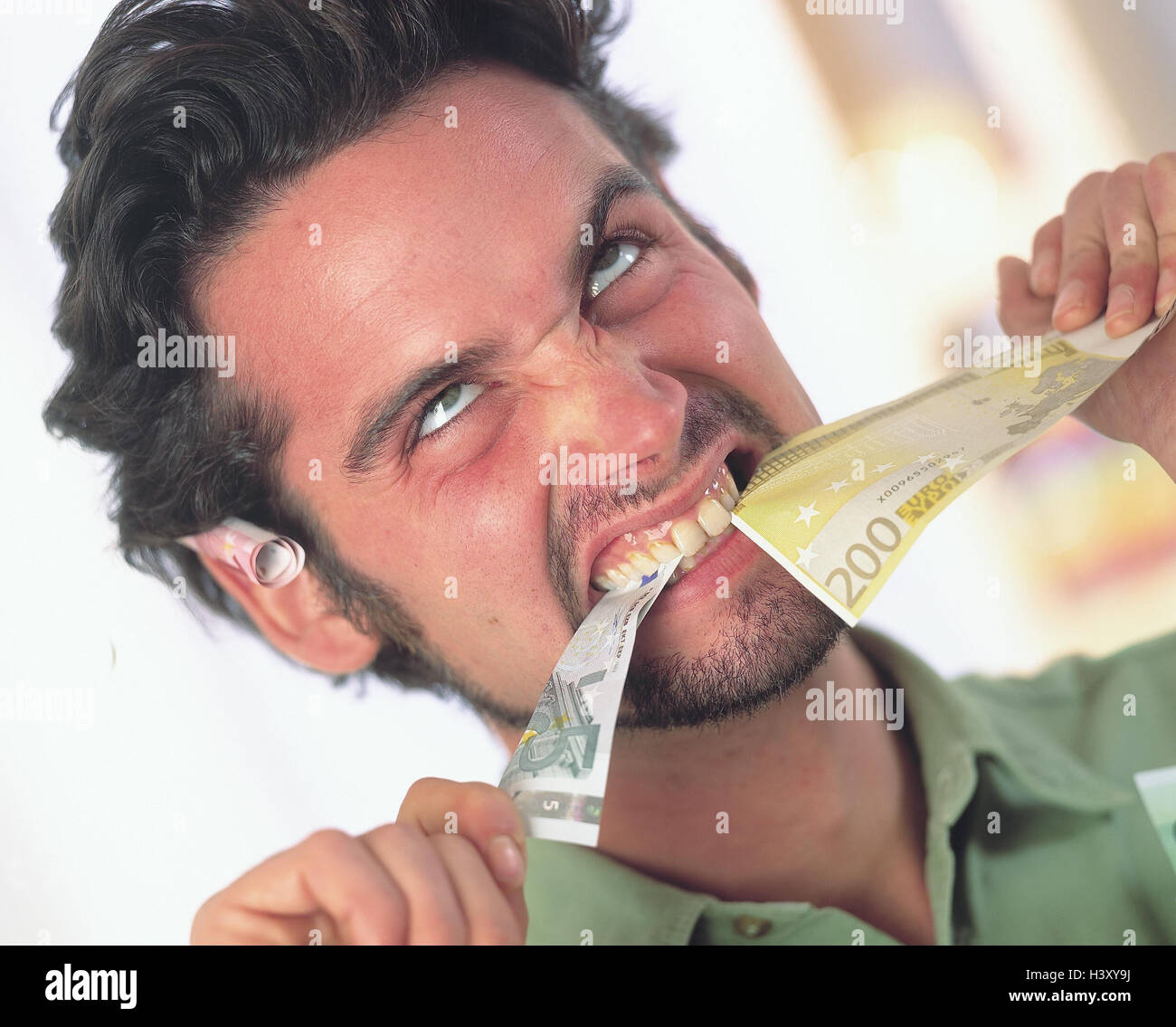 Man, young, beard, euro, bank notes, gesture, portrait, inside, man's ...