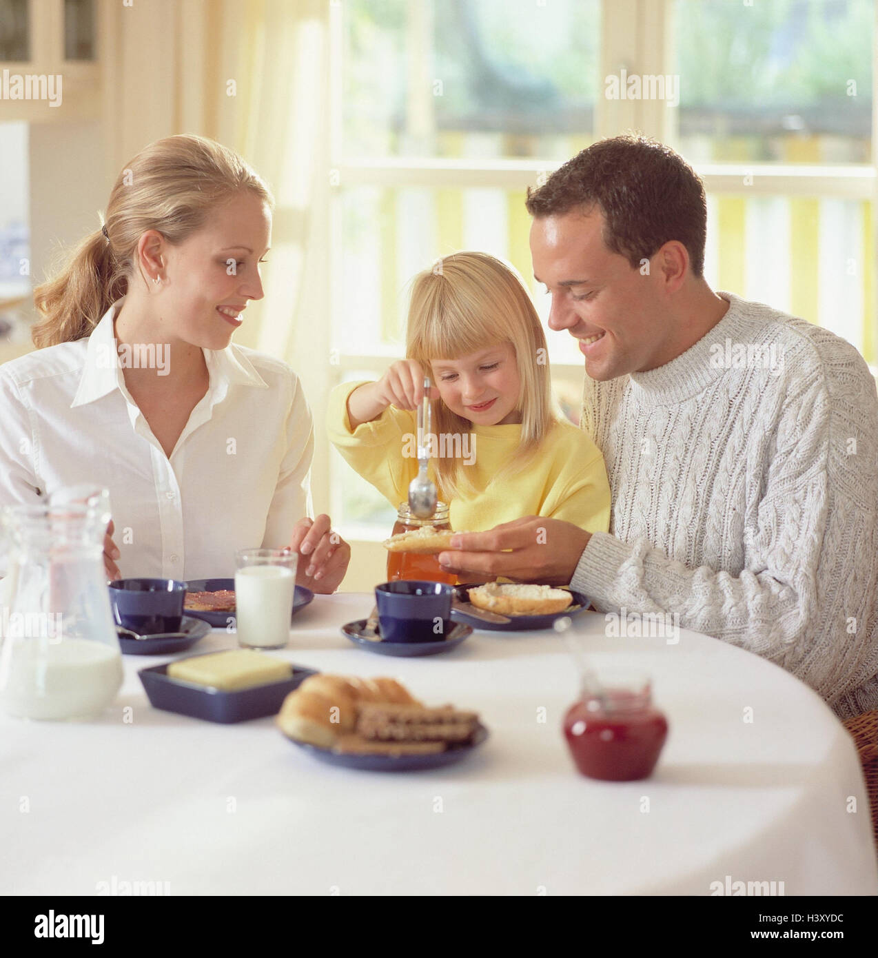 Breakfast table, family, have breakfast, drink inside, at home, parents ...