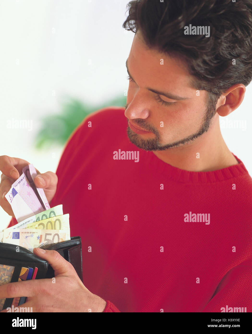 Man, young, beard, wallet, euro, bank notes, portrait, inside, man's ...