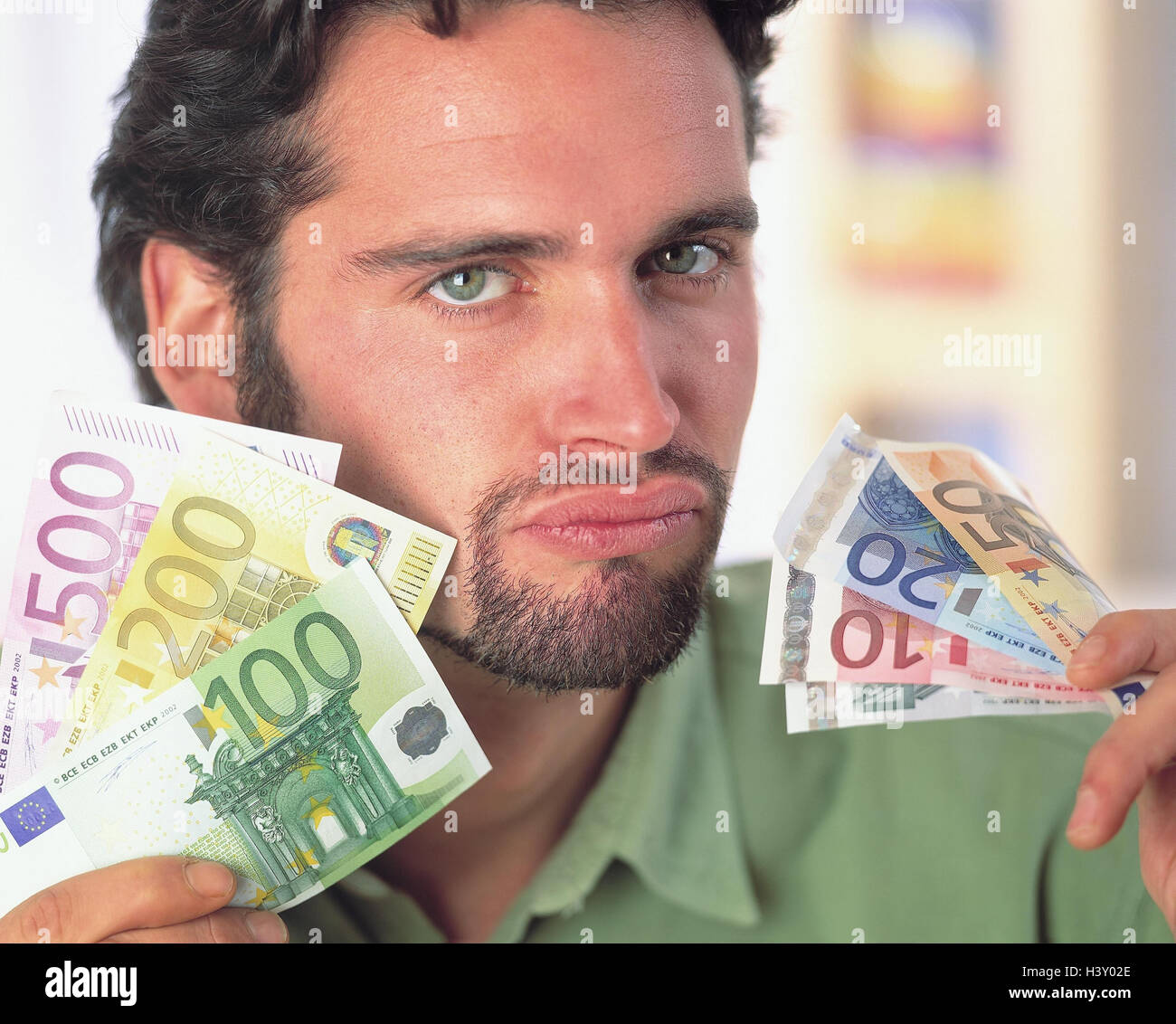 Man, young, beard, euro, bank notes, gesture, portrait, inside, man's ...