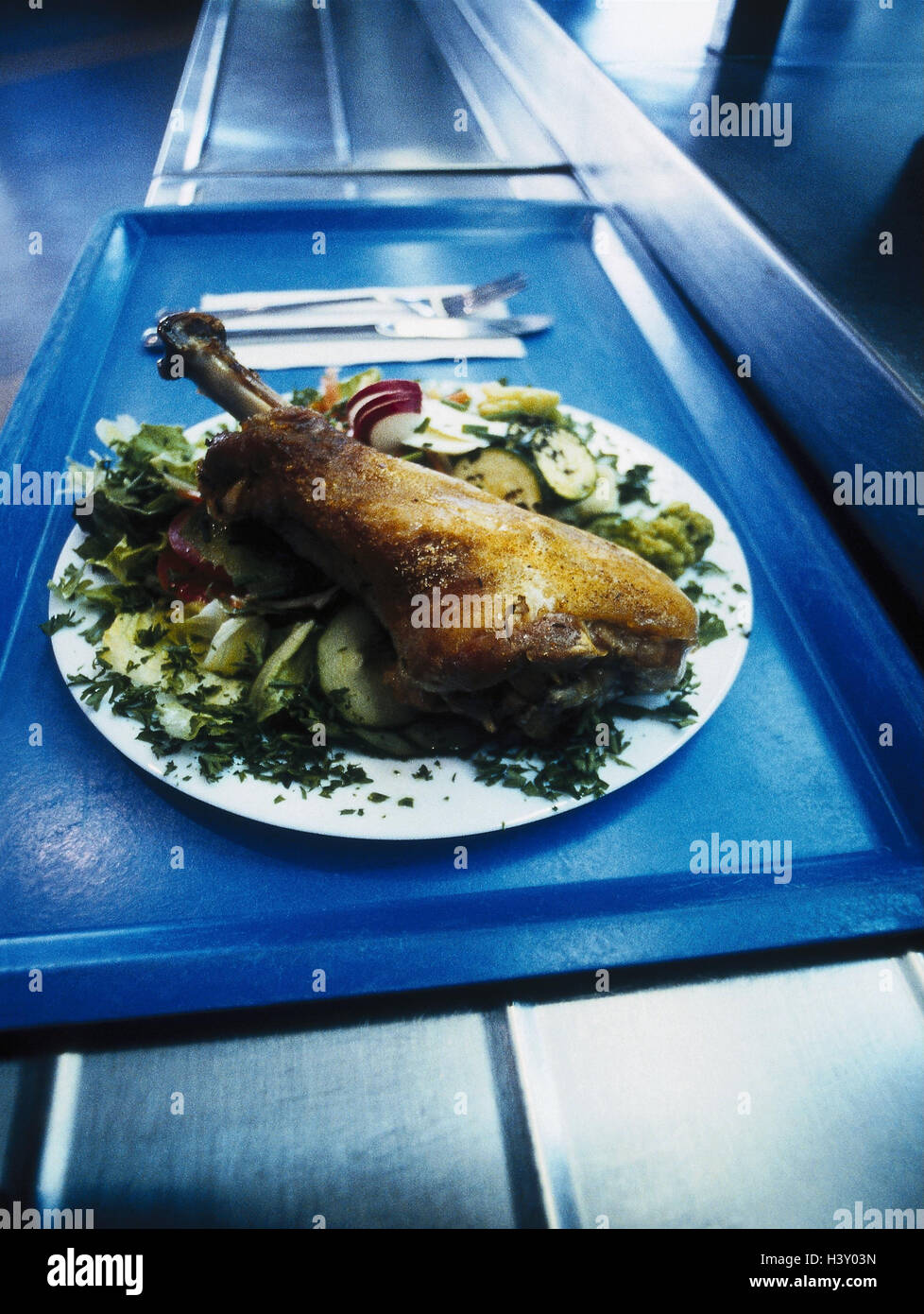 Canteen, tablet, plate, food, turkey's haunch, salad, Still life ...