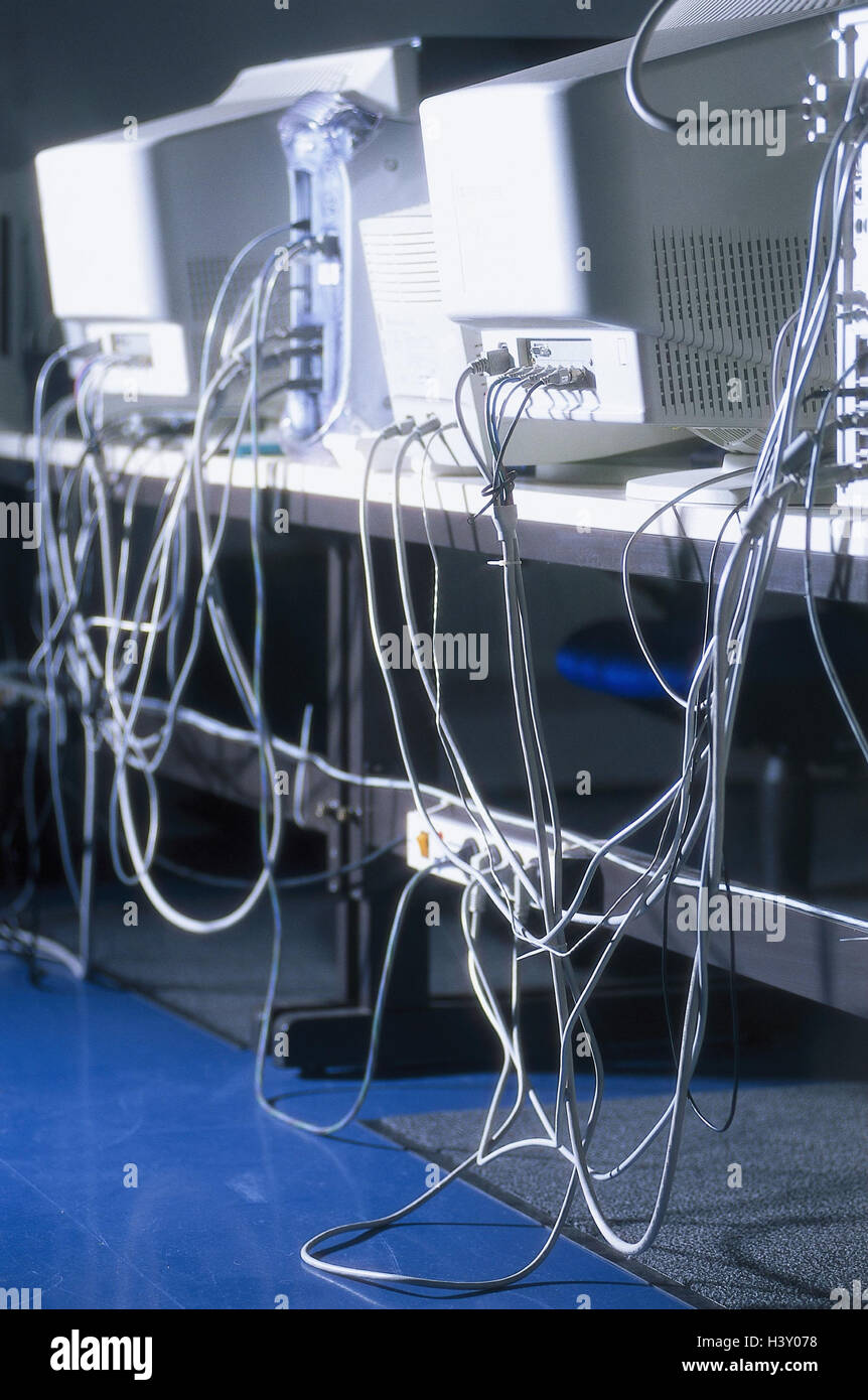 Desk, computer, computer, connections, cables, computer plant, cable ...