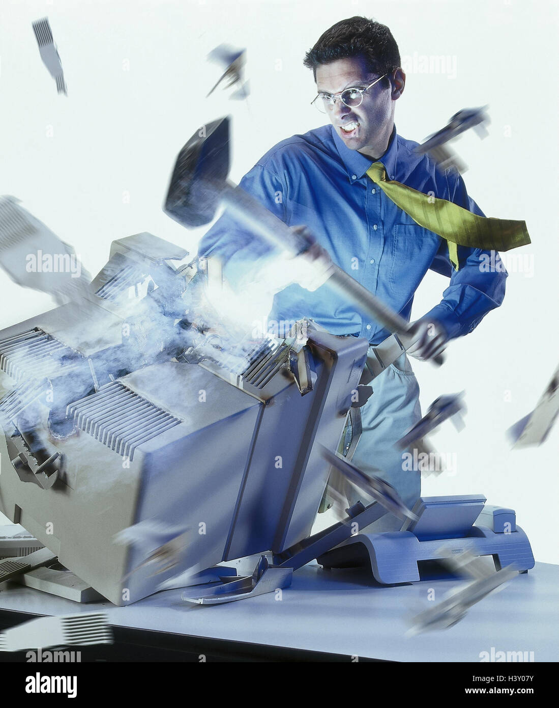 Man, computers, sledgehammer, destruction, icon, computer crash, [M ...