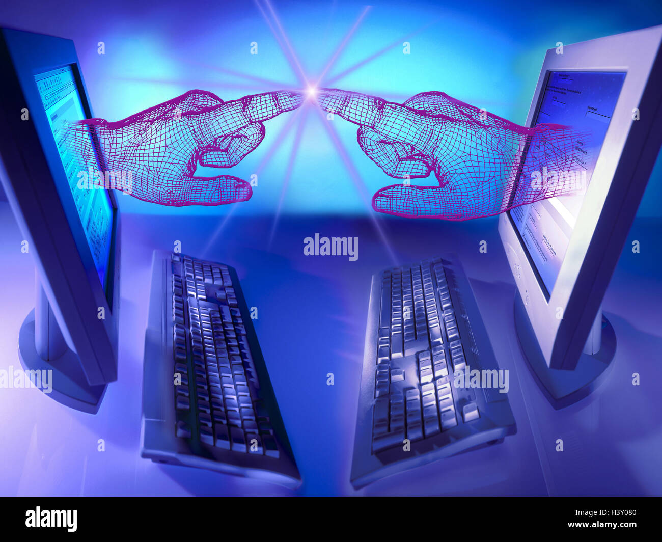 Computers, hands, virtually, contact, icon, pulse, data interchange ...