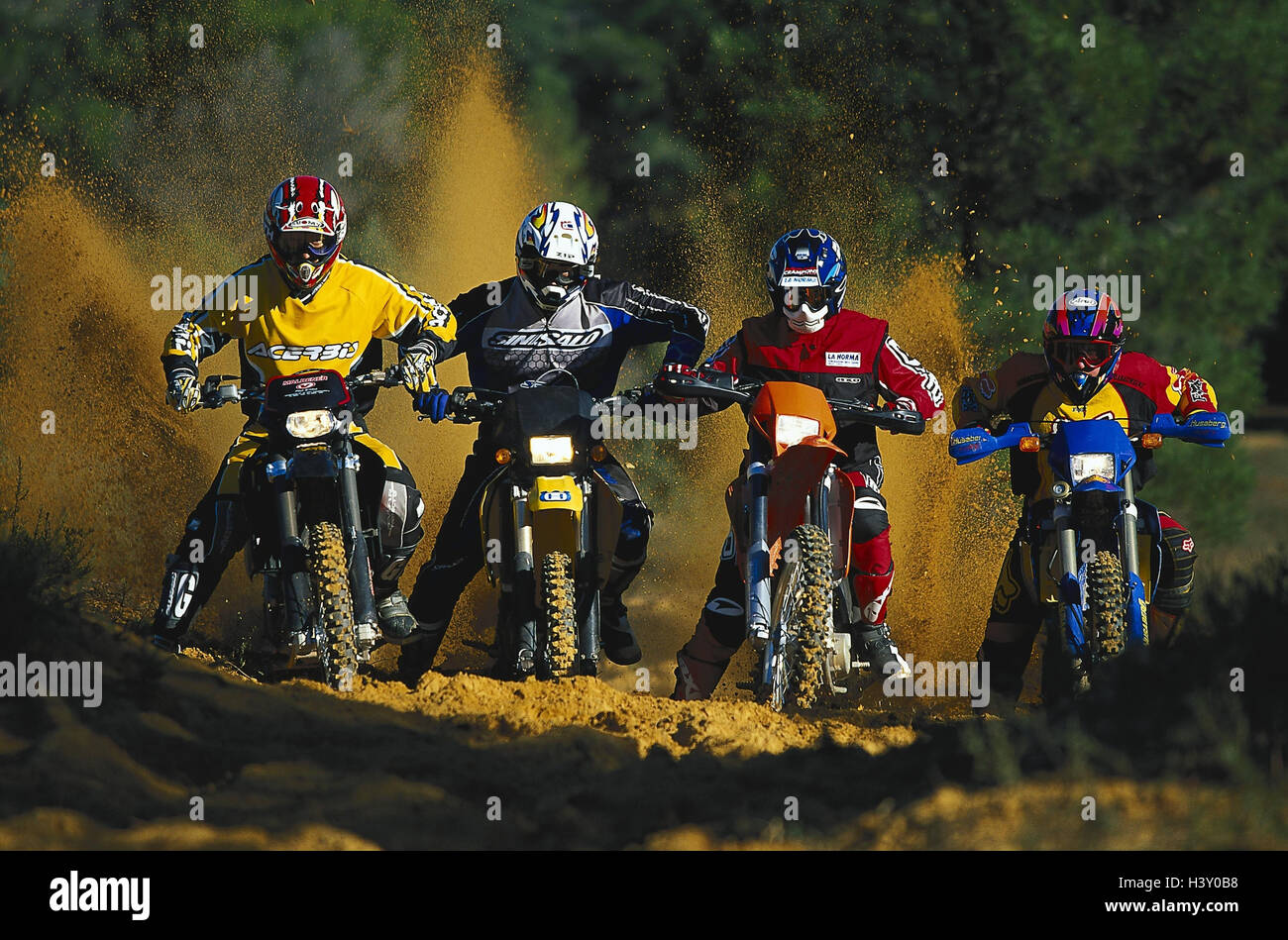 Motorcyclist, moto cross, four, front view men, motorcycle driving ...