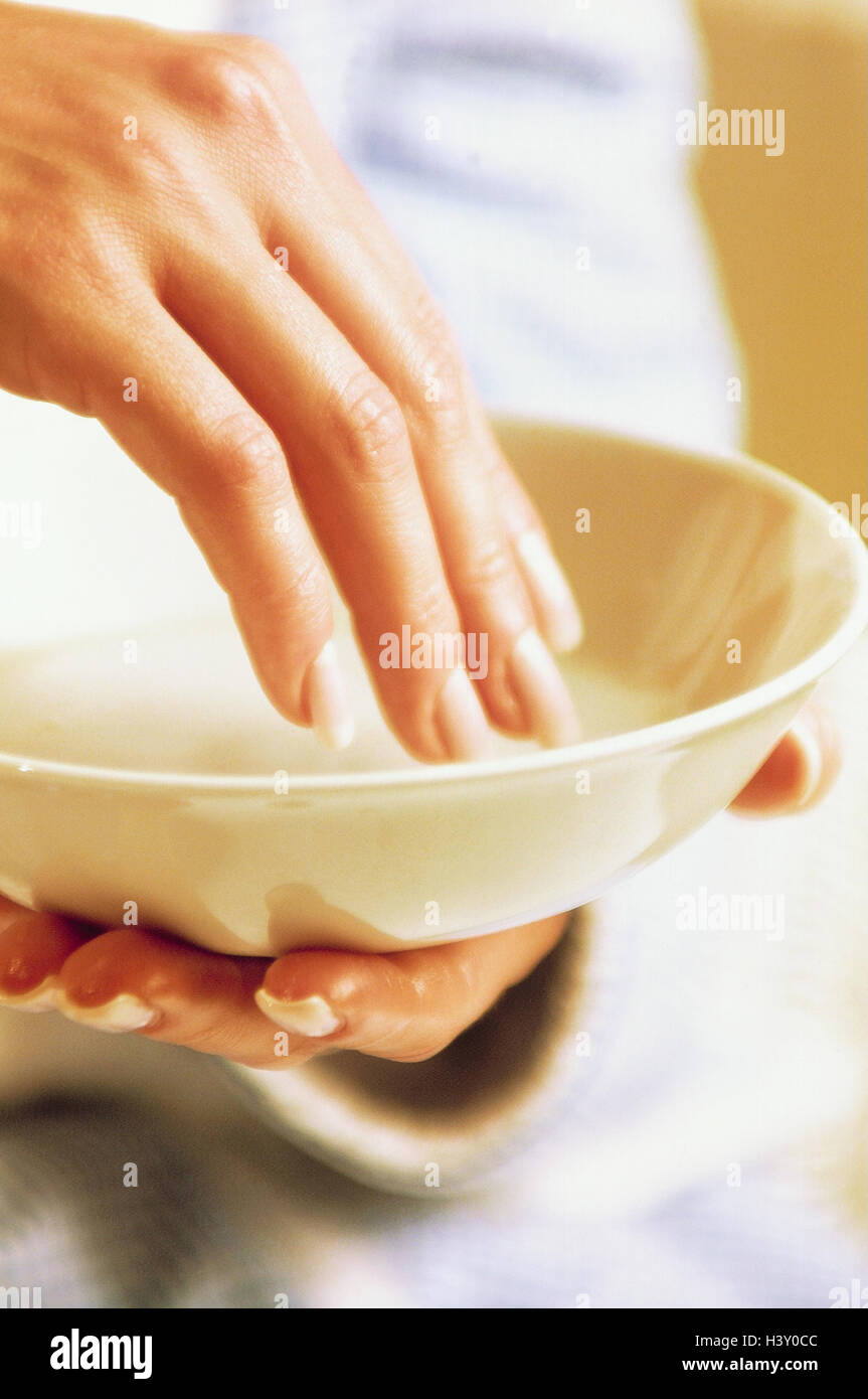 Woman, nail care, detail, hand bath, inside, at home, wellness, hands ...