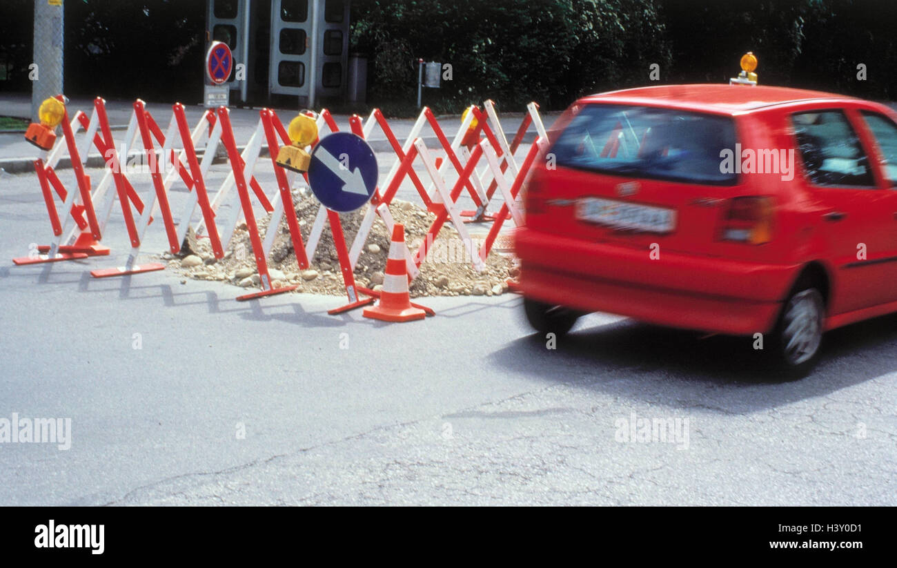 Street, men at work, blocking, car, blur, road construction, traffic ...