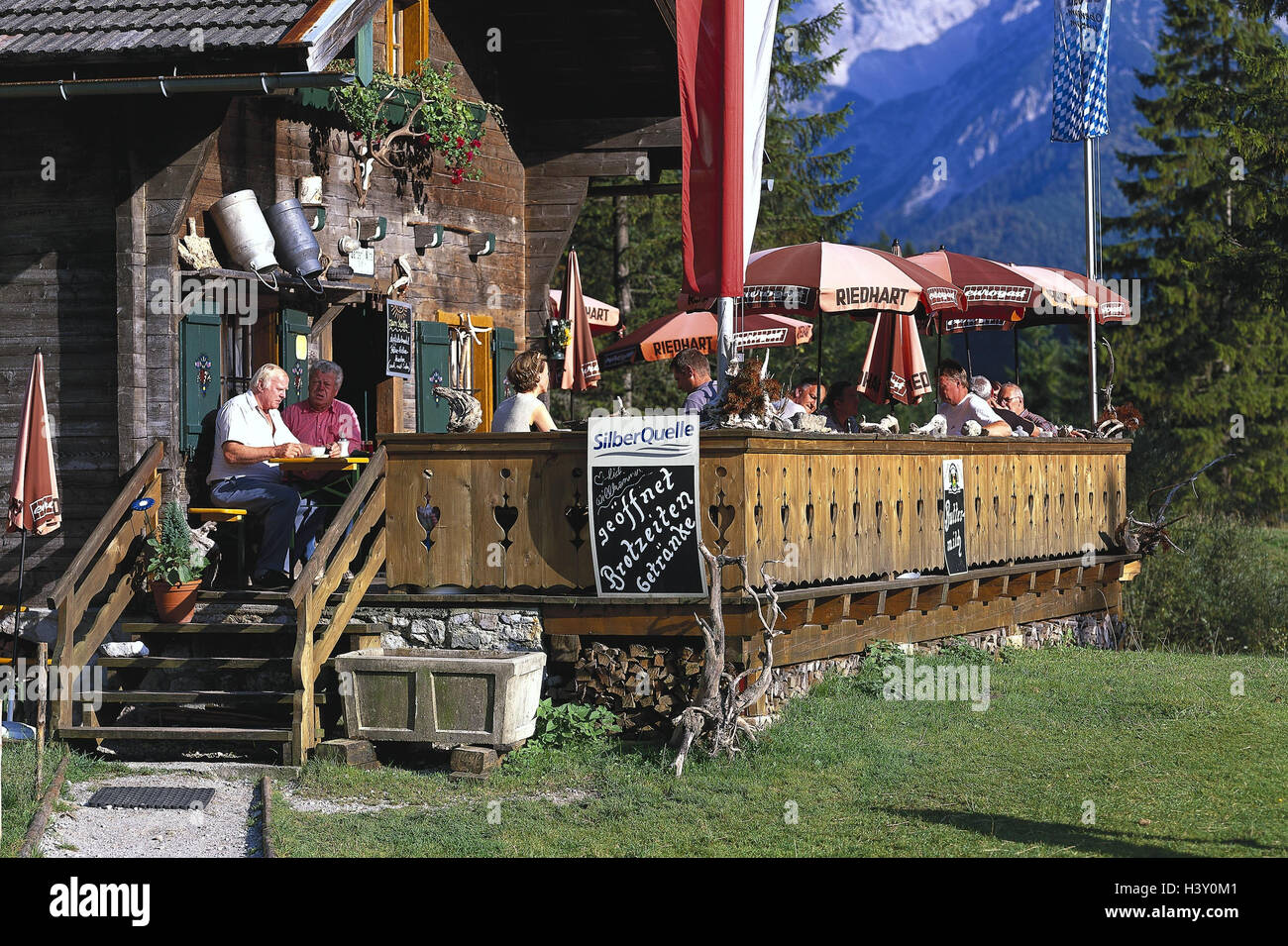 Austria, Tyrol, Hinterriß, alpine hut, restaurant, terrace, tourist ...