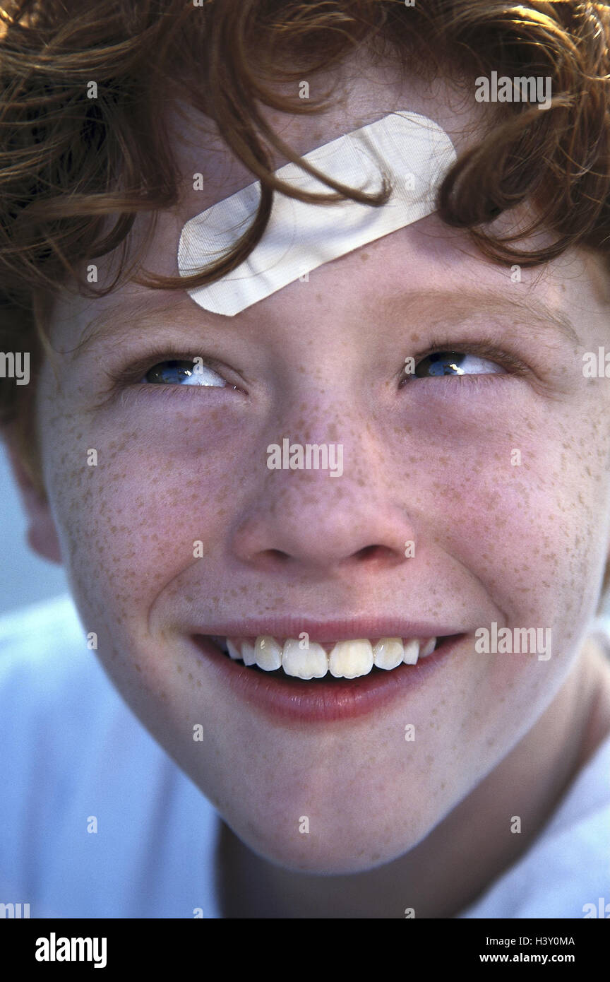 Boy, happy, forehead, injury, plaster, portrait, child, red-haired ...