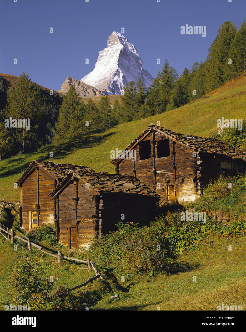 Switzerland, Valais, Matterhorn, hay barn, Europe, alps, mountain ...