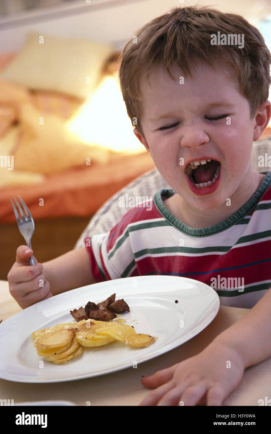 Boy, lunches, gesture, rejection inside, table, sit, eat child, food ...