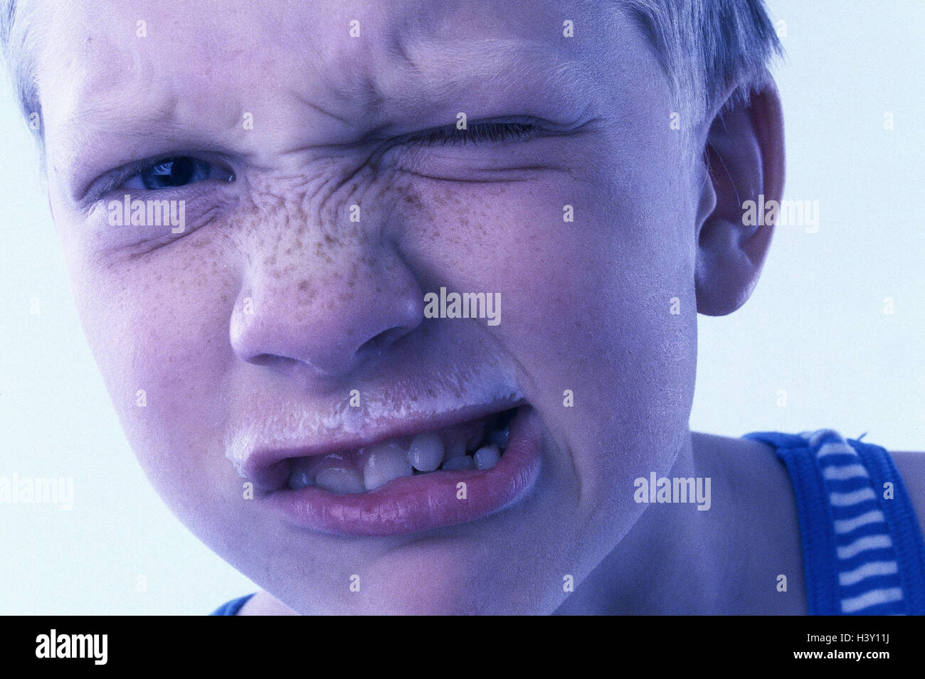 Boy, grimace, lacteal beard, portrait, model released, very close ...